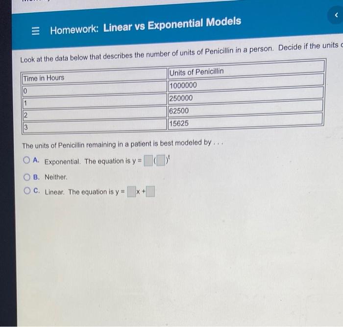 Solved = Homework: Linear vs Exponential Models Look at the | Chegg.com
