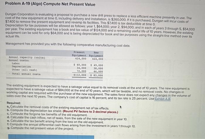 Solved Problem A-19 (Algo) Compute Net Present Value Dungan | Chegg.com