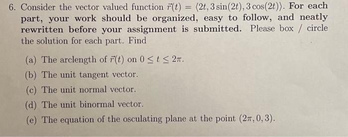 Solved 6. Consider the vector valued function | Chegg.com