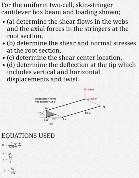 Solved For the uniform two-cell, skin-stringer cantilever | Chegg.com