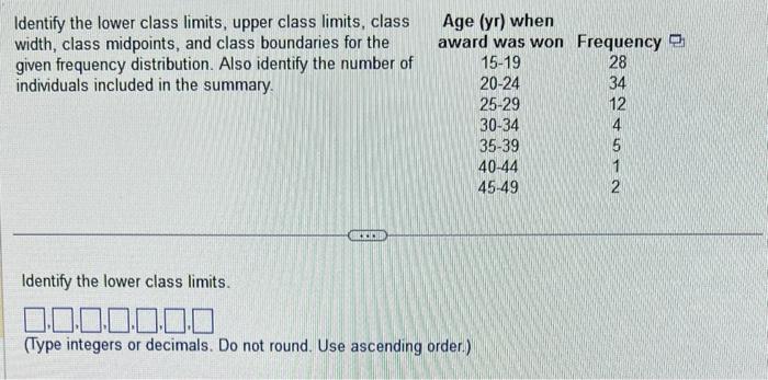 Solved identify the lower class limits, upper class limit, | Chegg.com