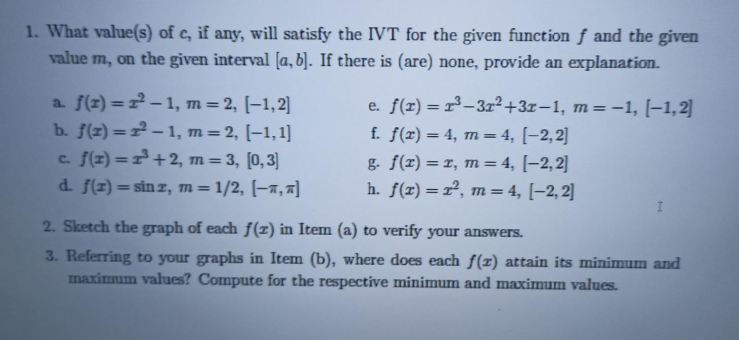 Solved Subject: Basic Calculus (Extreme Value Theorem) Help | Chegg.com