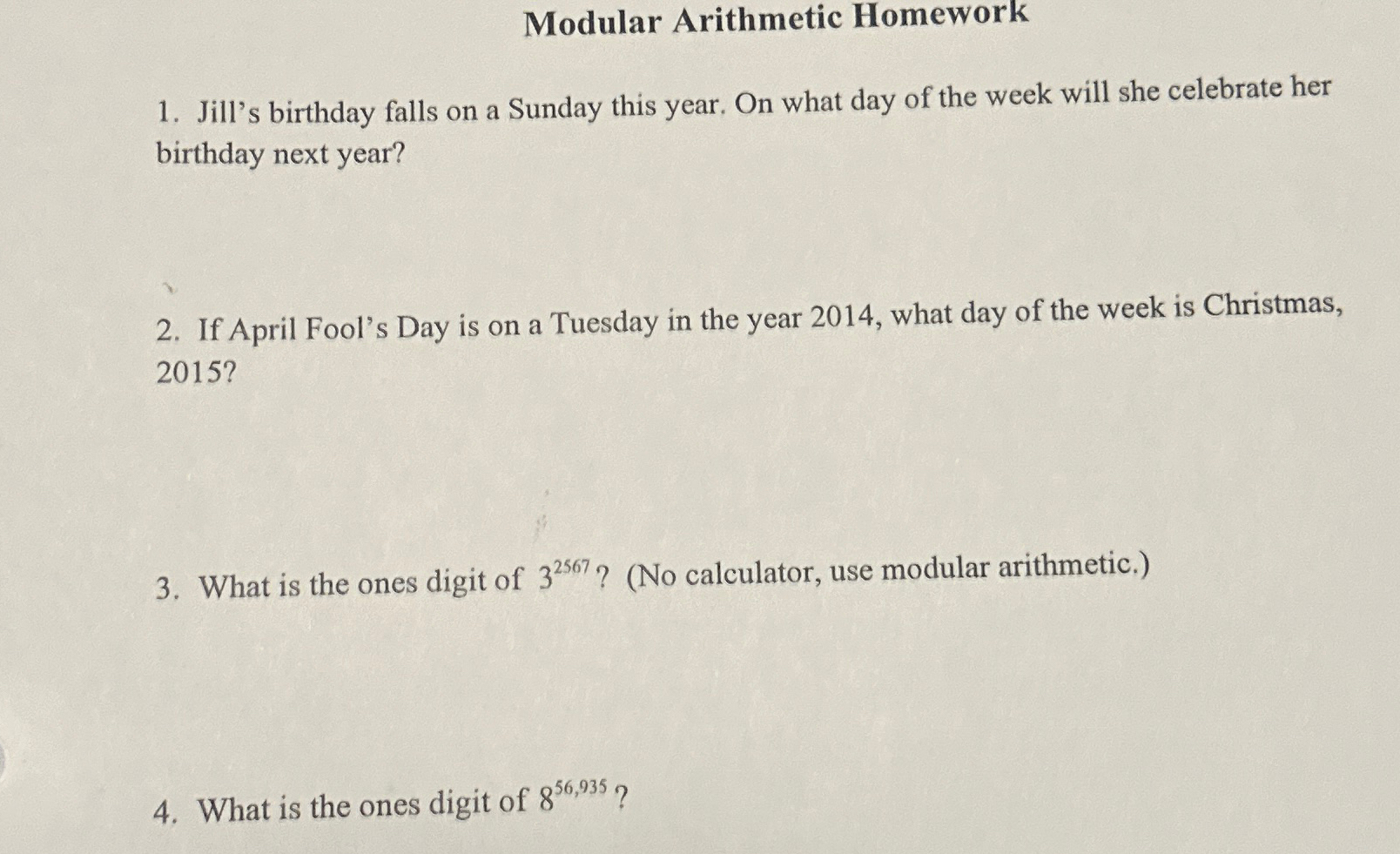 Modular Arithmetic HomeworkJill's birthday falls on a | Chegg.com