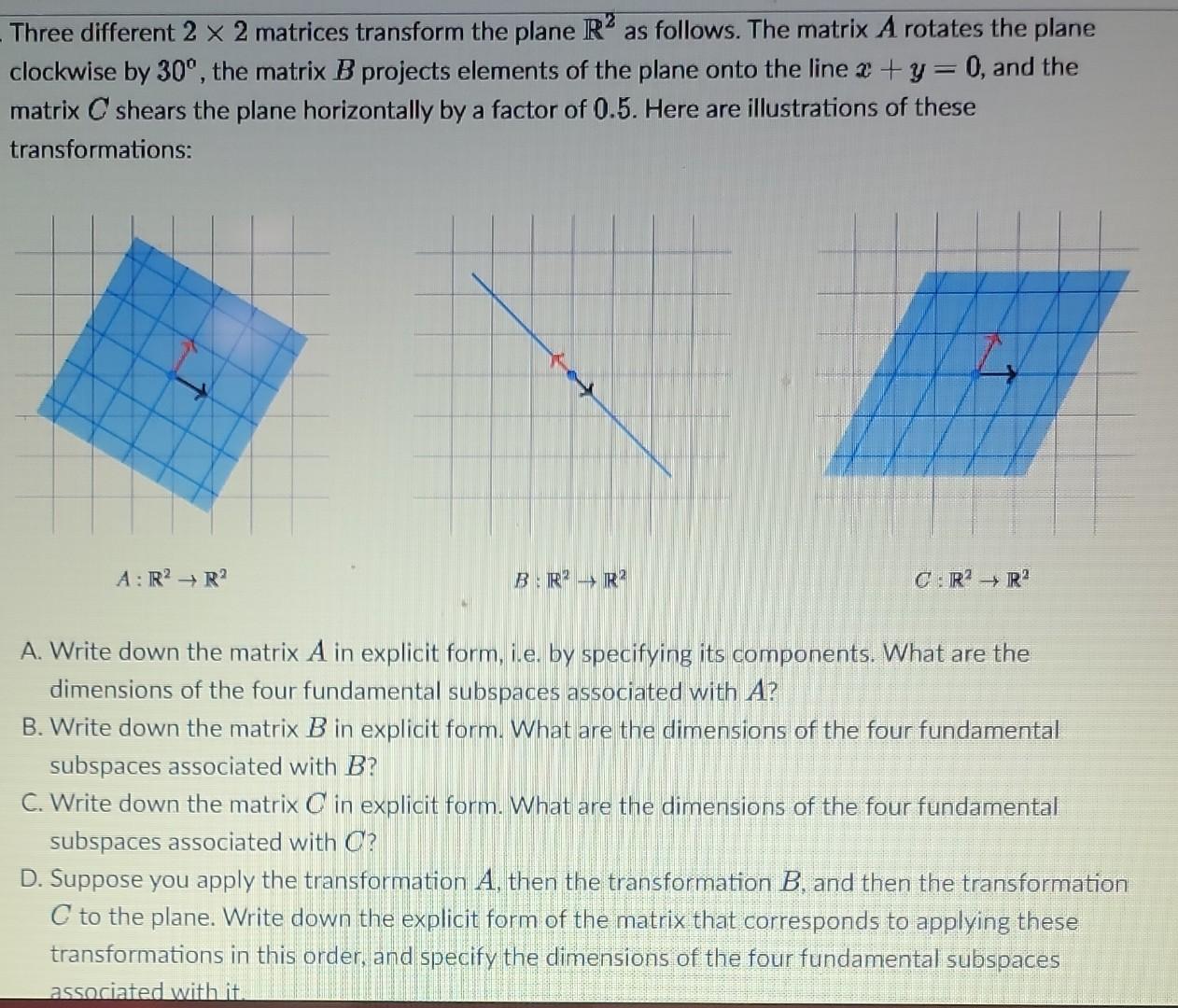 Solved Three different 2×2 matrices transform the plane R2 | Chegg.com