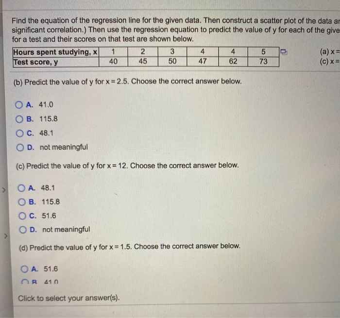 Solved Find the equation of the regression line for the | Chegg.com