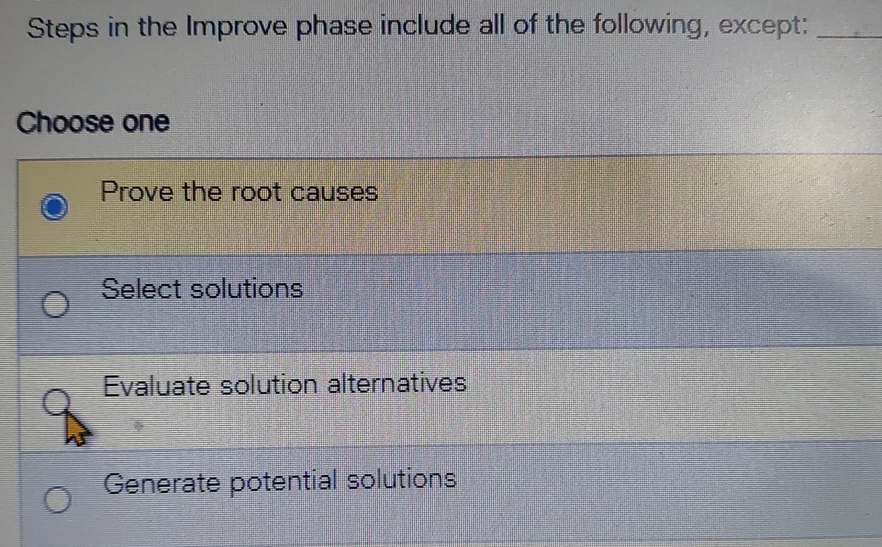 Solved Steps in the Improve phase include all of the | Chegg.com