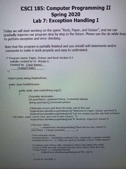 Solved CSCI 185: Computer Programming II Spring 2020 Lab 7: | Chegg.com