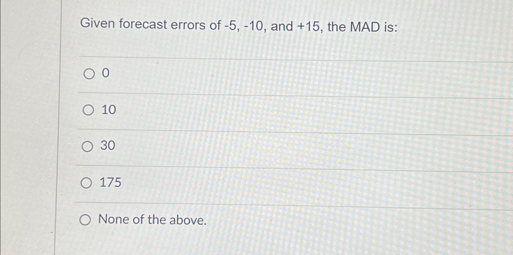 Solved Given forecast errors of -5,-10, ﻿and +15 , ﻿the MAD | Chegg.com
