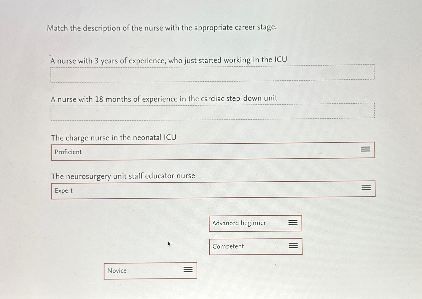 Solved Match the description of the nurse with the | Chegg.com