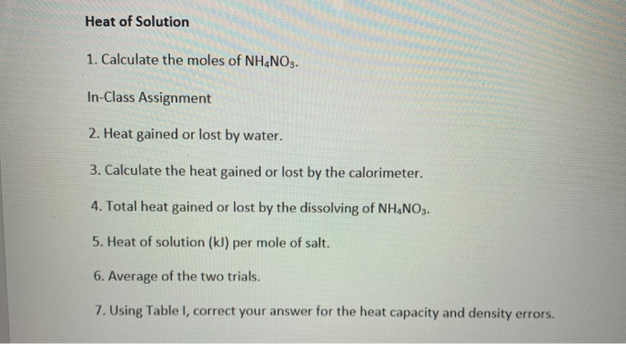 Heat of Solution 1. Calculate the moles of NH4NO3. | Chegg.com
