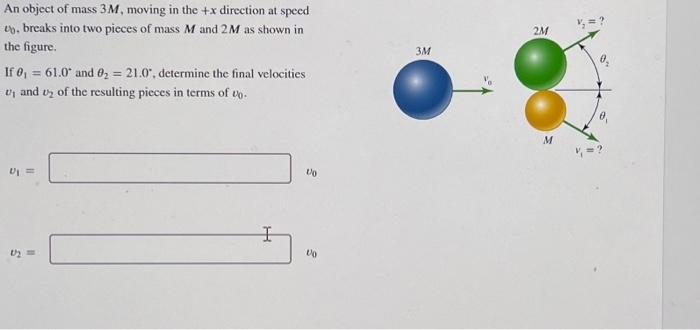 Solved An object of mass 3M, moving in the +x direction at | Chegg.com