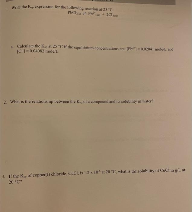 Solved 1. Write the Ksp expression for the following | Chegg.com