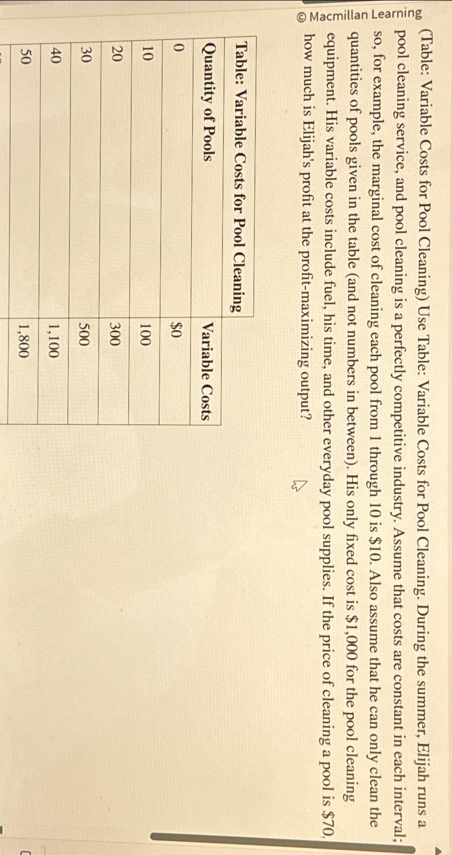Solved (Table: Variable Costs for Pool Cleaning) ﻿Use Table: | Chegg.com