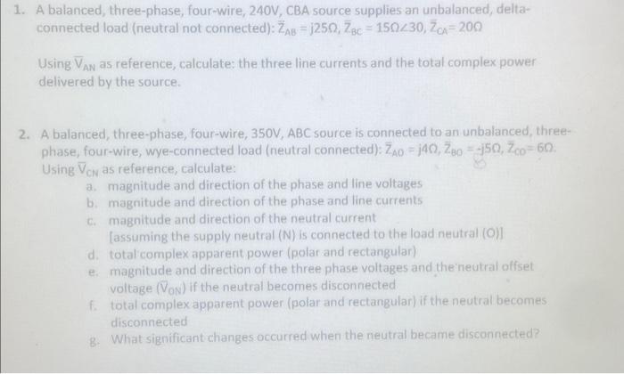 1. A balanced, three-phase, four-wire, 240 V,CBA | Chegg.com