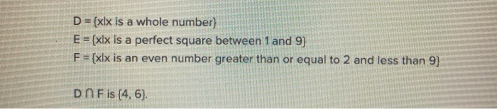 Solved D = {xlx is a whole number) E = (xlx is a perfect | Chegg.com