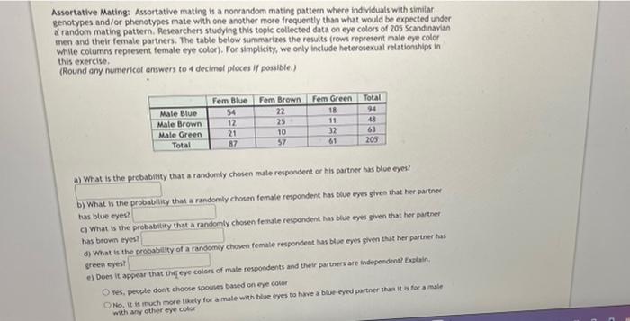 Solved Assortative Mating: Assortative mating is a nonrandom | Chegg.com