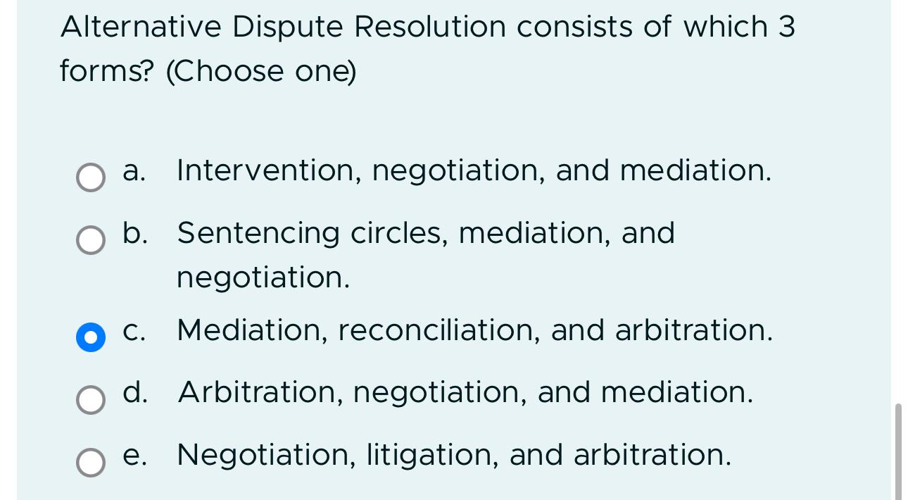 Solved Alternative Dispute Resolution consists of which 3 | Chegg.com