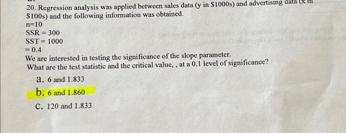 Solved 20 Regression Analysis Was Applied Between Sales