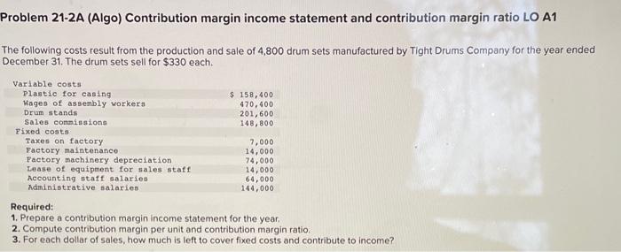 Solved Problem 21-2A (Algo) Contribution margin income | Chegg.com