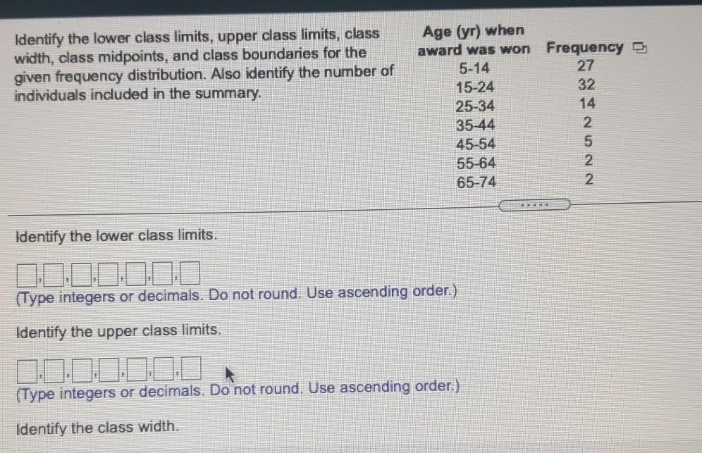 Solved Identify the lower class limits, upper class limits, | Chegg.com
