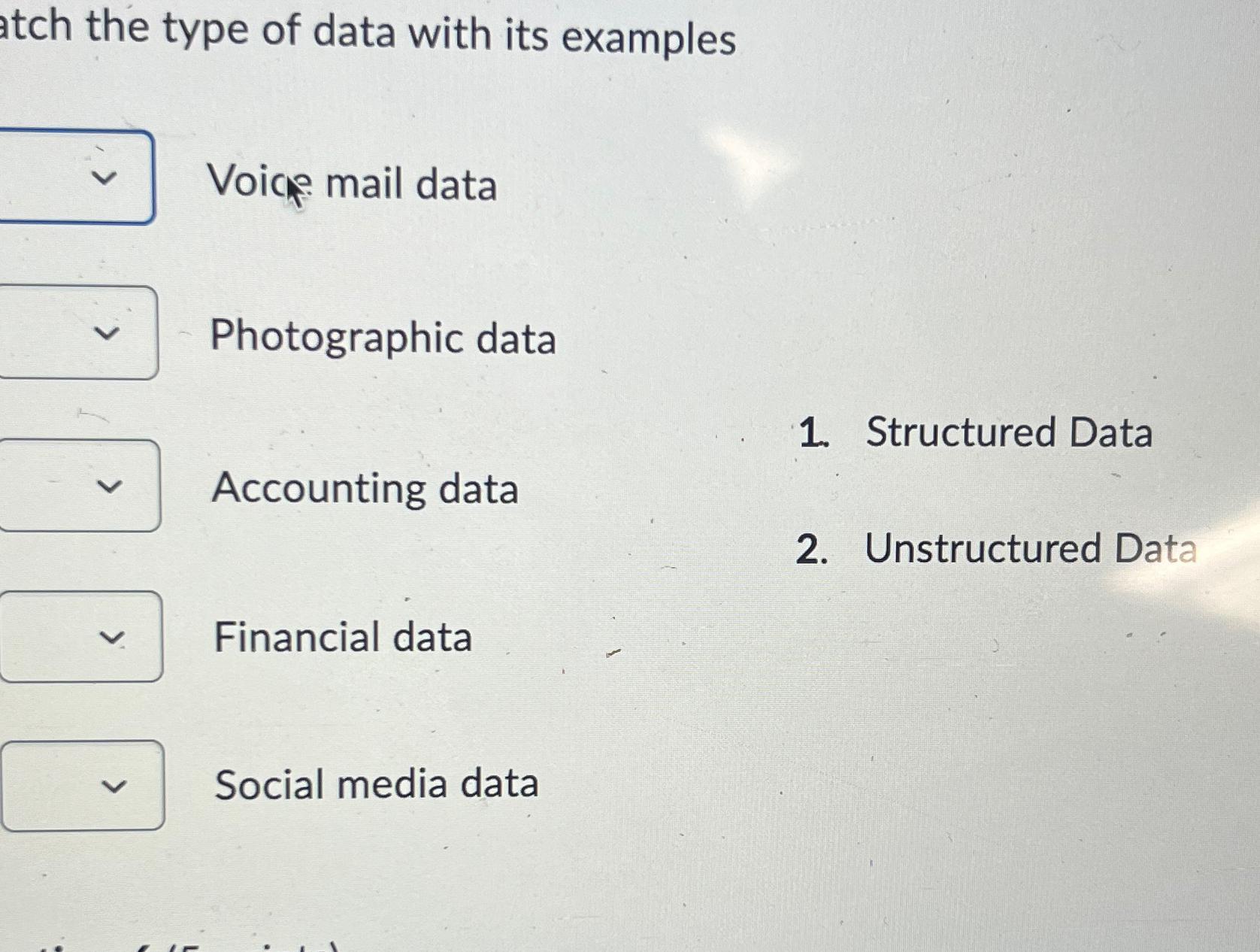 Solved atch the type of data with its examplesVoica mail | Chegg.com