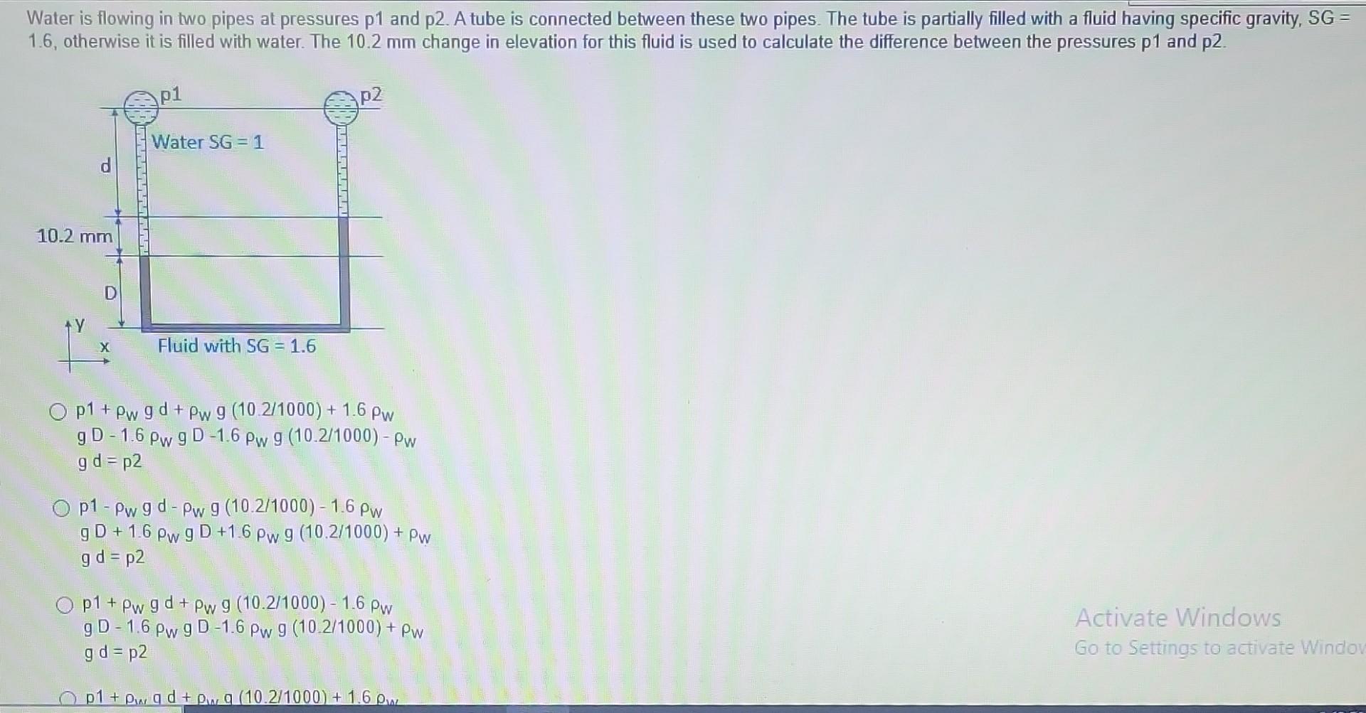 Solved Water is flowing in two pipes at pressures p1 and p2. | Chegg.com