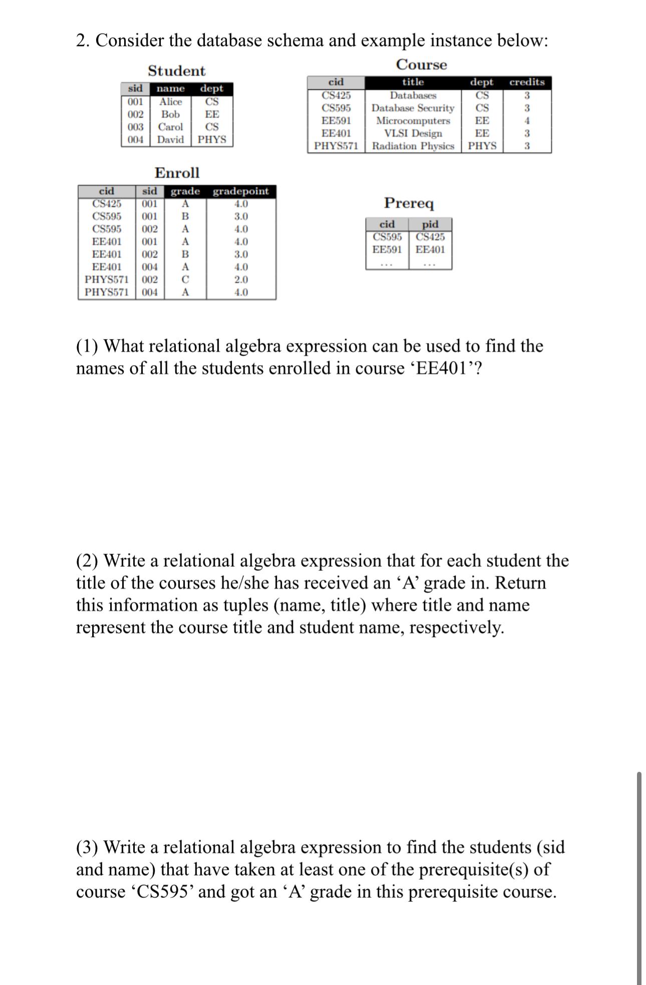 Solved Consider the database schema and example instance | Chegg.com