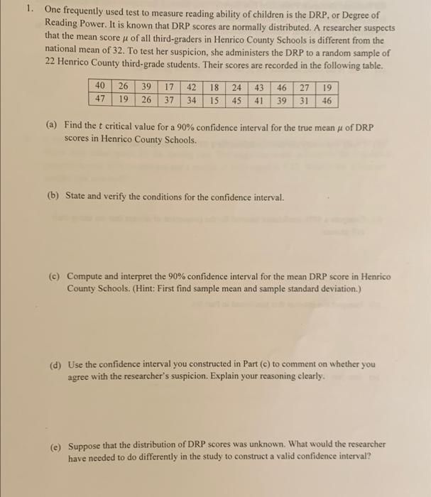 Solved 1. One frequently used test to measure reading | Chegg.com