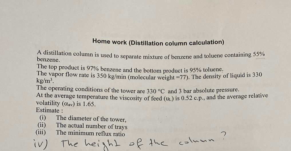 Solved Home work (Distillation column calculation)A | Chegg.com