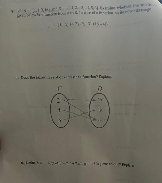 Solved 4. Let A={1,4,9,16) and B=(−1,2,−3,−4,5,6}. Examine | Chegg.com