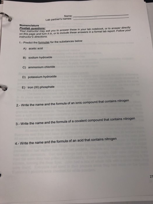 Solved Name: Lab partner's names: Nomenclature Postlab | Chegg.com