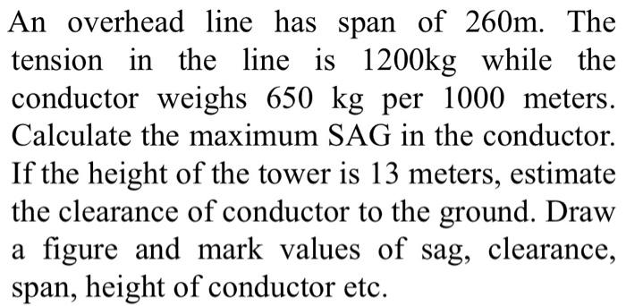 An overhead line has span of 260m. The tension in the | Chegg.com