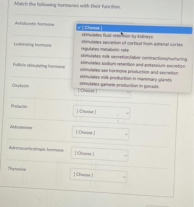Solved Match the following hormones with their function. | Chegg.com