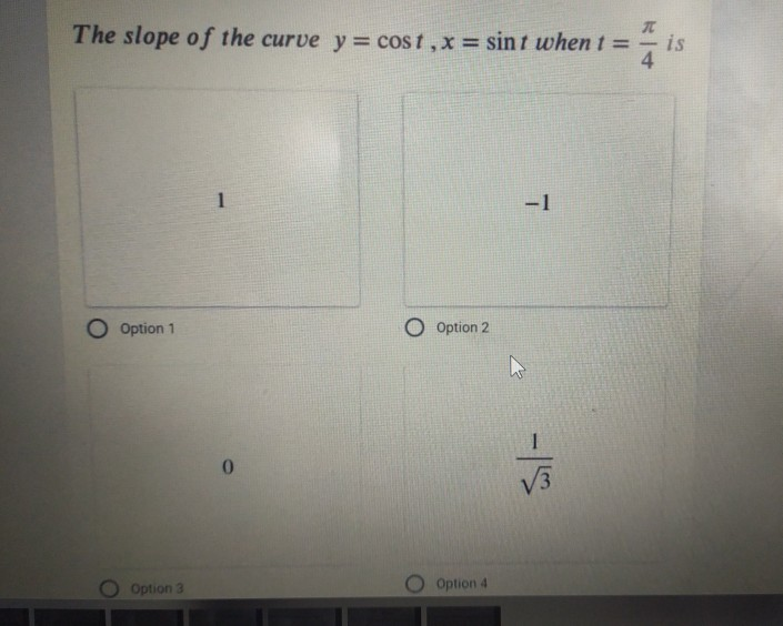 Solved The slope of the curve y = cost , x = sint when t = | Chegg.com