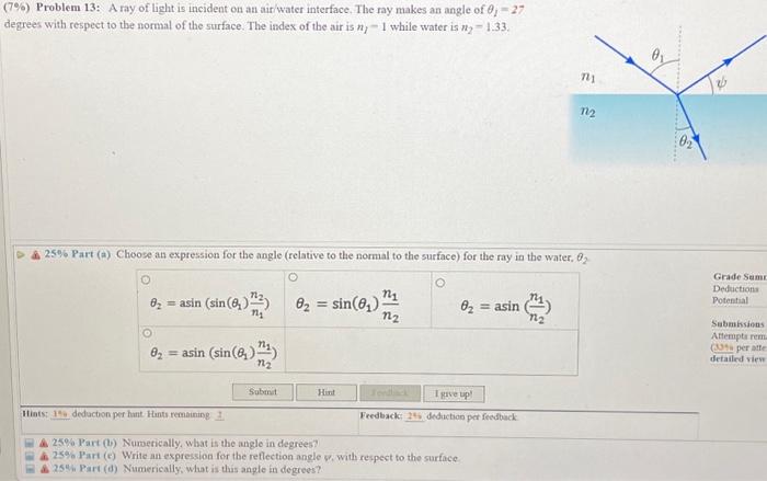 Solved (7\%) Problem 13: A ray of light is incident on an | Chegg.com
