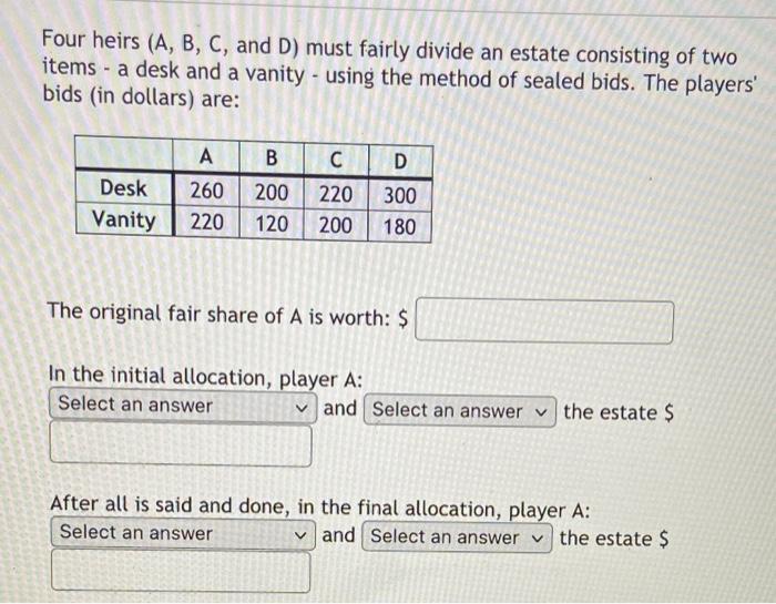 Solved Four heirs (A, B, C, and D) must fairly divide an | Chegg.com