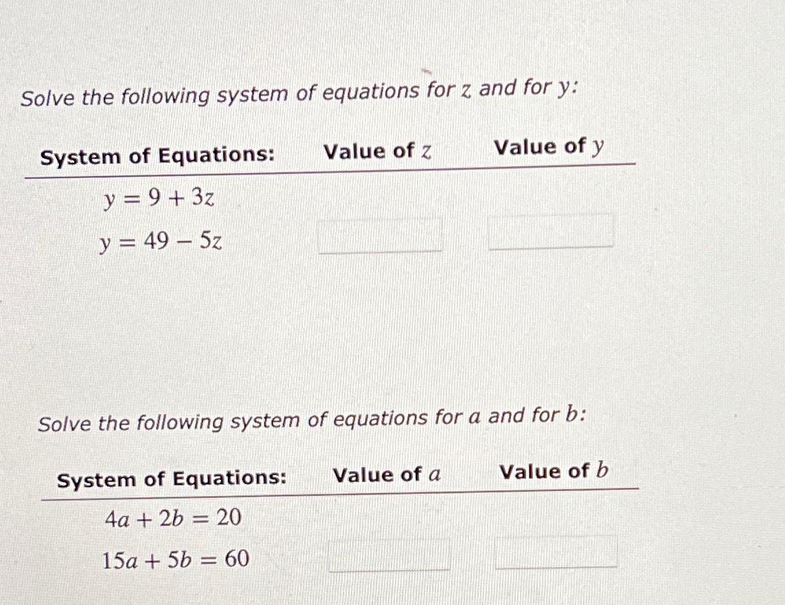 Solved Solve the following system of equations for z ﻿and | Chegg.com
