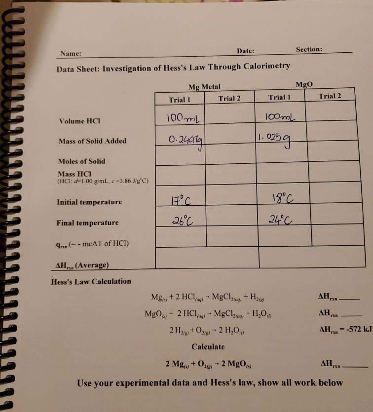 Solved Name: Date: Section: Data Sheet: Investigation of | Chegg.com