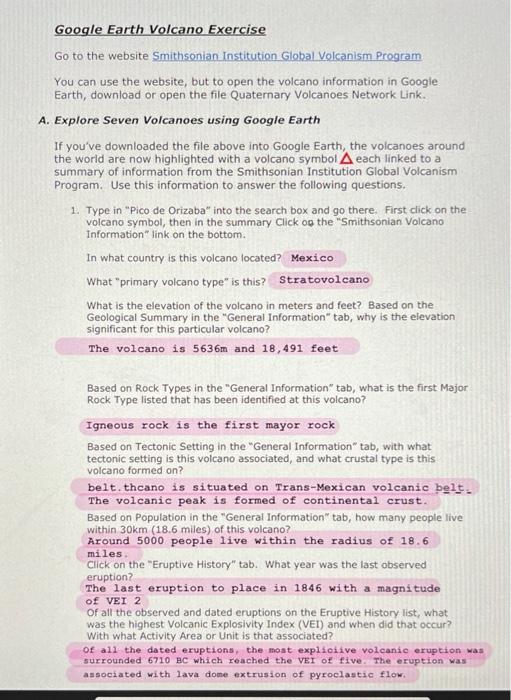 Solved Google Earth Volcano Exercise Go to the website | Chegg.com