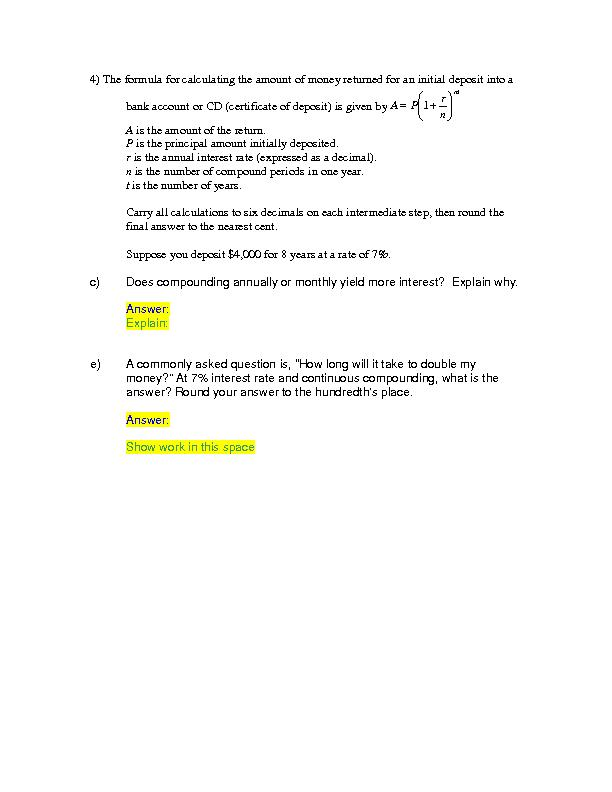 Solved The formula for calculating the amount of money | Chegg.com