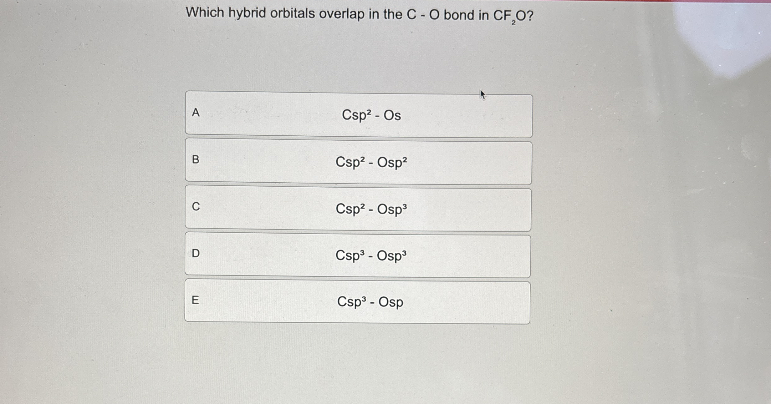 Solved Which hybrid orbitals overlap in the C-O ﻿bond in | Chegg.com