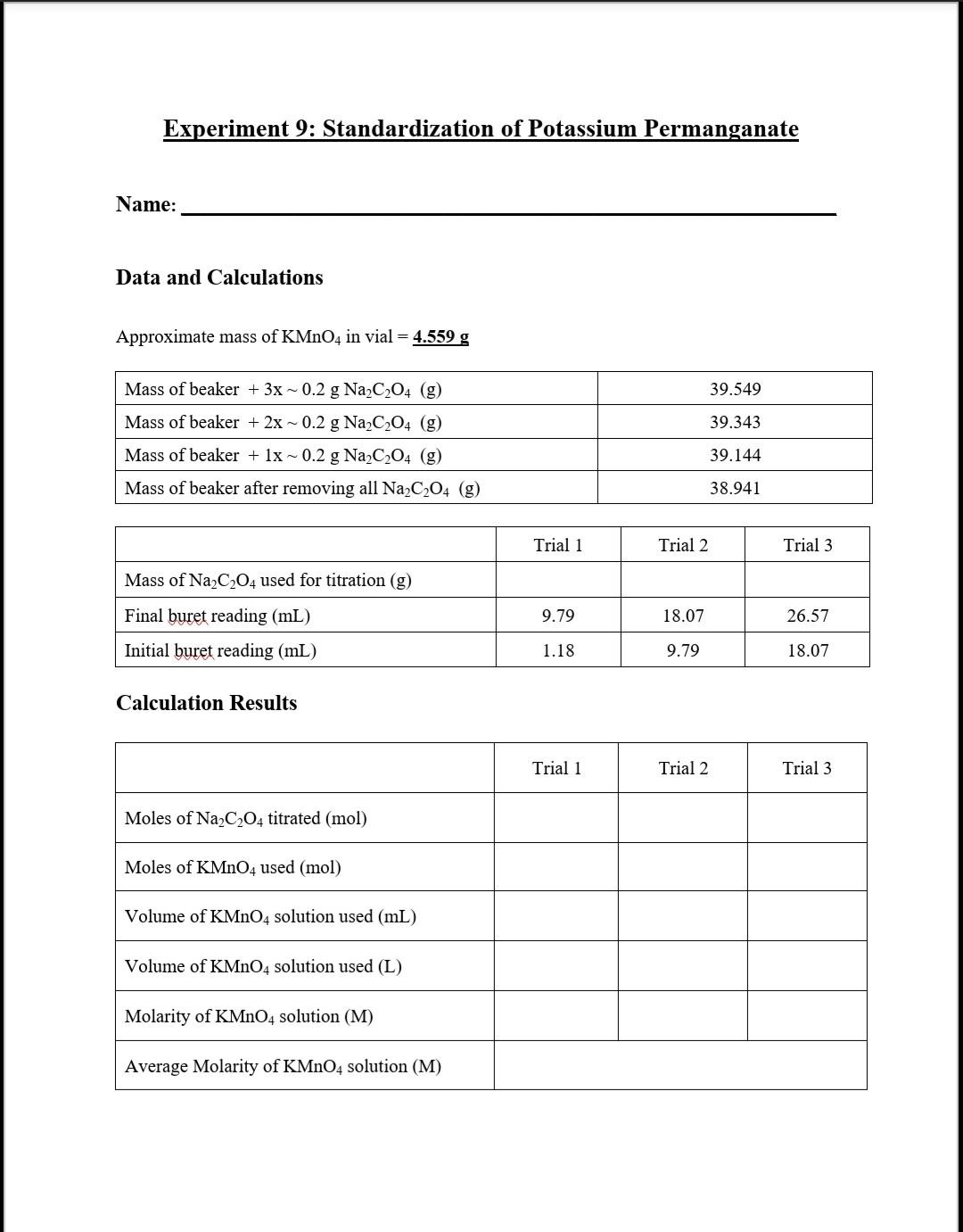 Solved Experiment 9: Standardization of Potassium | Chegg.com