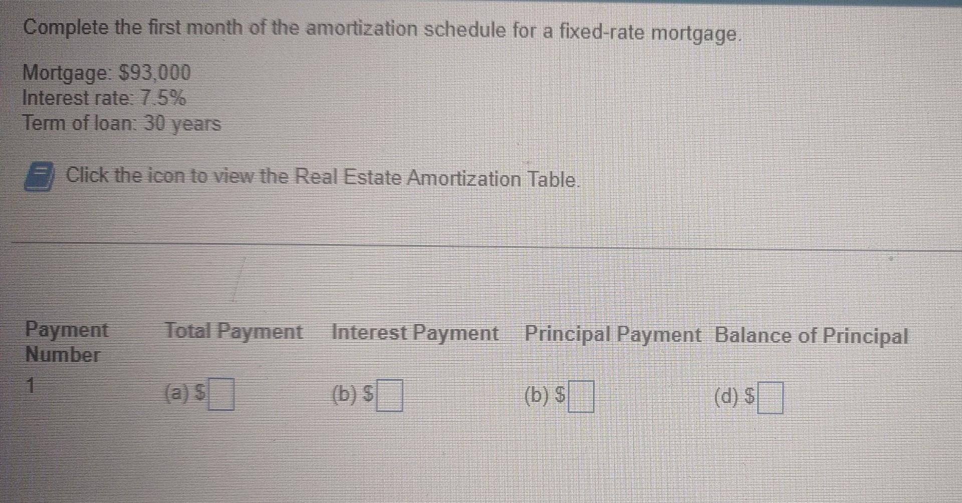 Solved Complete the first month of the amortization schedule | Chegg.com