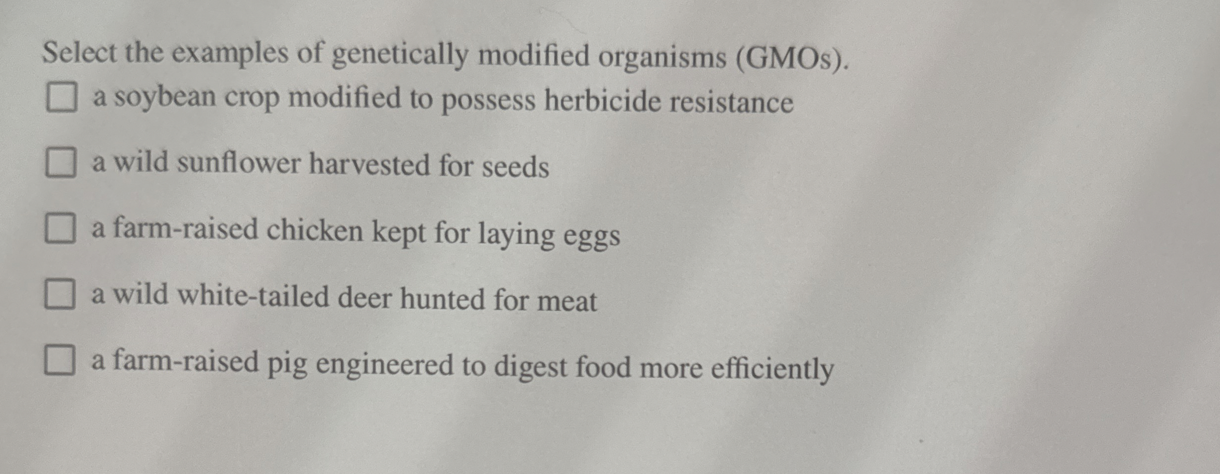 Solved Select the examples of genetically modified organisms | Chegg.com
