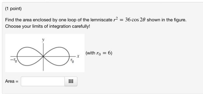 Solved Find the area enclosed by one loop of the lemniscate | Chegg.com