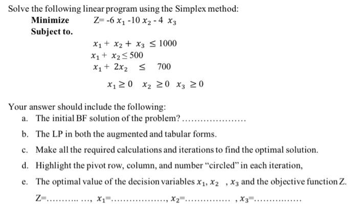 Solved Solve the following linear program using the Simplex | Chegg.com
