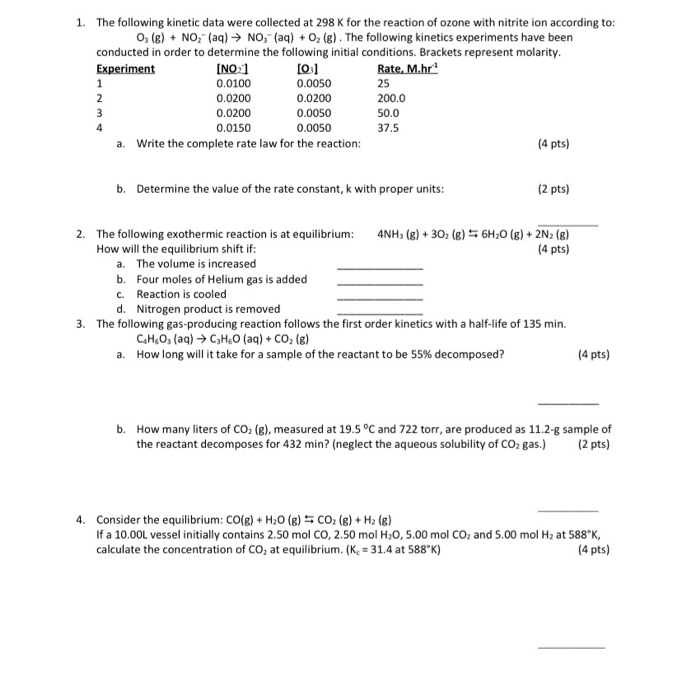 Solved 1. The following kinetic data were collected at 298 K | Chegg.com