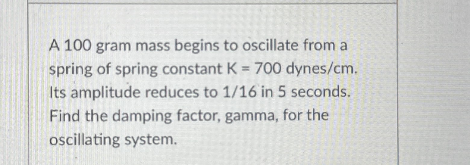 [Solved]: A 100 gram mass begins to oscillate from a spring