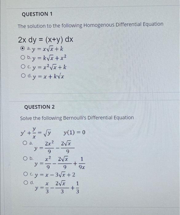 Solved The solution to the following Homogenous Differential | Chegg.com