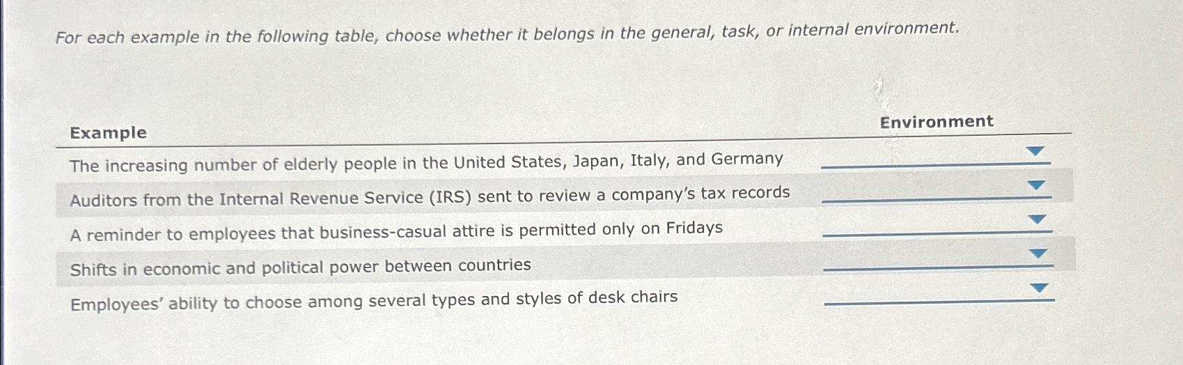 Solved For each example in the following table, choose | Chegg.com